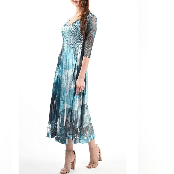 Komarov | Dresses | Komarov Pleated Chiffon Lace Charmeuse V Neckline ...